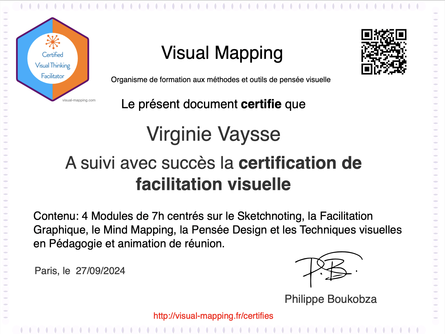 Certification Virginie Vaysse | Visual-Mapping.fr